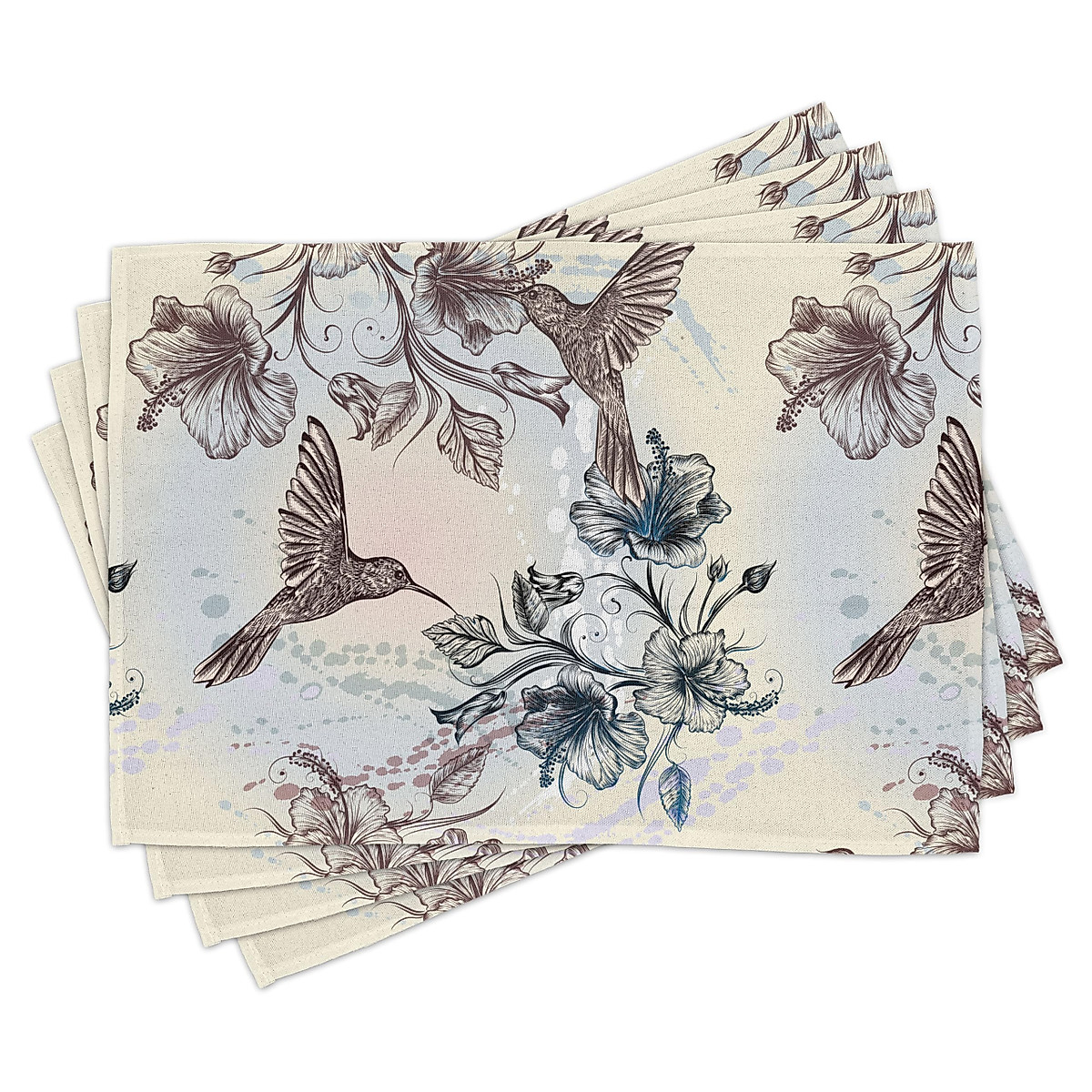 Ambesonne Hummingbird Table Runner & Placemats, Birds and Hibiscus Flowers Nostalgia Antique Design Classical Print, Set for Dining Table Decor, Placemat 4 pcs + Runner 16"x72", Teal Brown