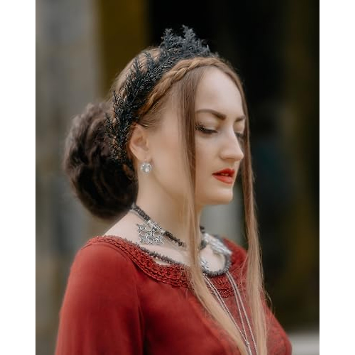 MOSTORY Handmade Gothic Black Flower Crown- Elf Dark Headband Fairy Woodland Headpiece Elven Forest Circlet for Halloween Renaissance Goth Wedding Cosplay Photo Prop