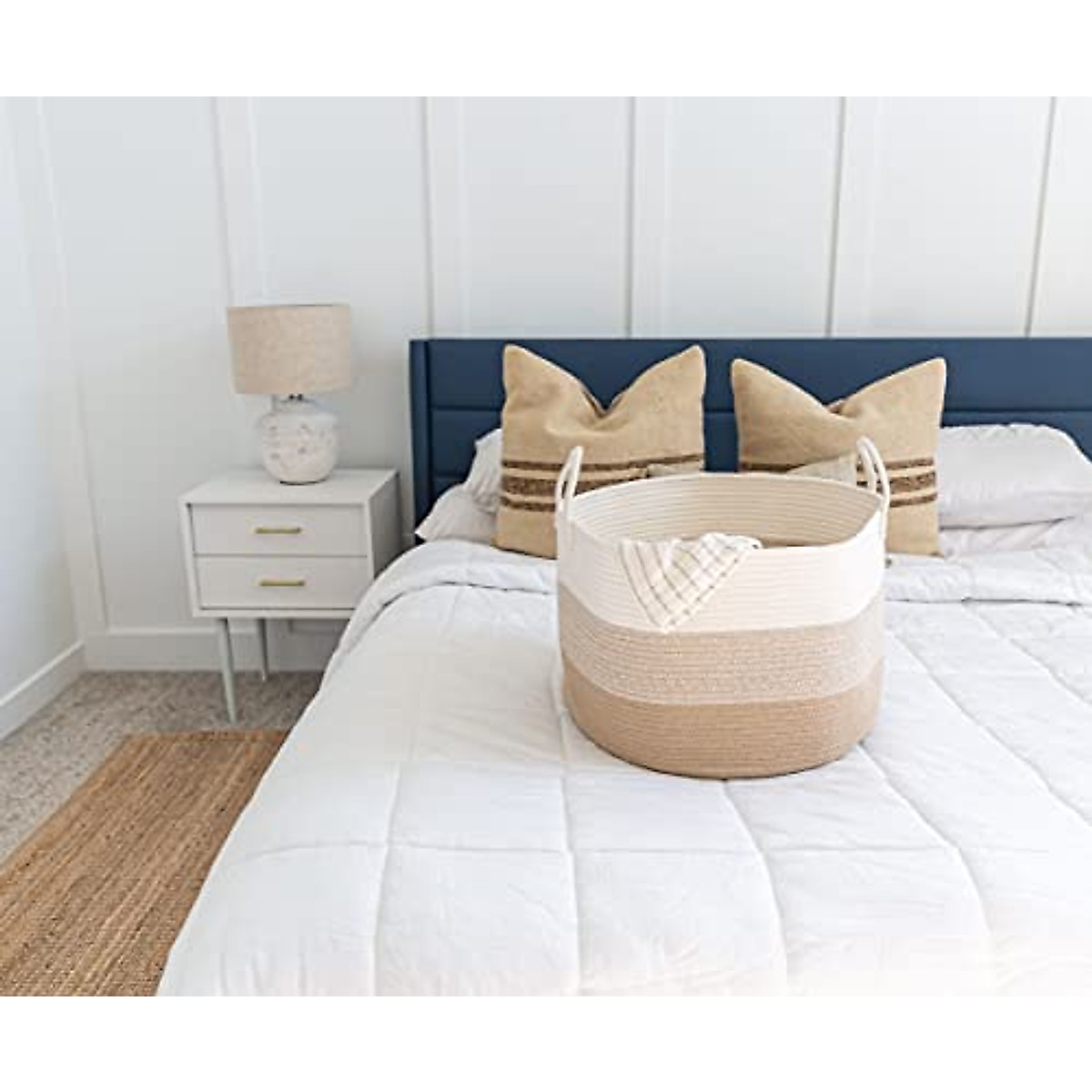 OrganiHaus Woven Baskets for Storage | Modern Boho Laundry Basket | Cotton Rope Blanket Basket for Living Room | Extra Large Storage Basket for Kids | Laundry Hamper & Blanket Holder - Honey (20x13)