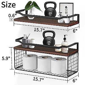 Floating Shelves for Wall Mounted, Wood Bathroom Shelves Over Toilet with Basket Set of 2, Bathroom Wall Décor Shelves, Decorative Storage Shelves for Bedroom, Living Room, Kitchen, Plants –Dark Brown