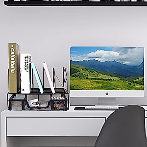 Spacrea Desk Organizers and Accessories, File Folder Holders Desktop Organization with 5 Upright Sections & Drawer, Great for Workspace College Dorm Home Office（Black）