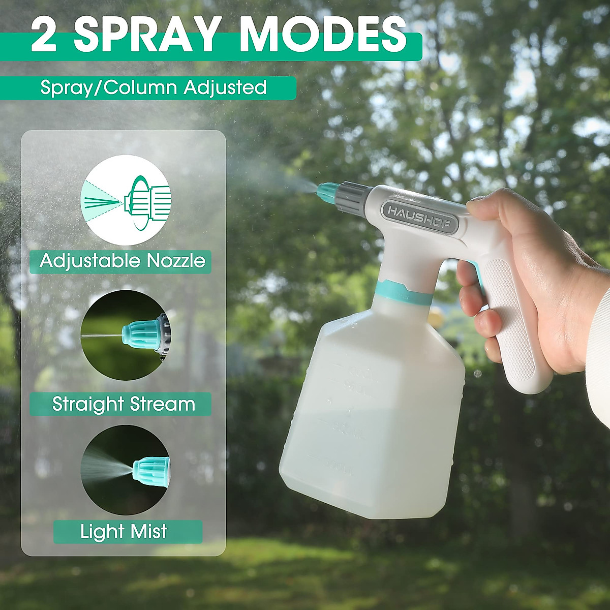 HAUSHOF 35 Fl Oz Battery Powered Sprayer Garden Mister, 1L Automatic Spray Bottle, Rechargeable Electric Spray Bottle with Adjustable Spout for Lawn, Indoor/Outdoor Plant, Fertilizing, Cleaning