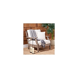 SAFAVIEH Outdoor Couture Collection Martinique Light Grey/Beige Solid Wood Patio Armchair with Pillow