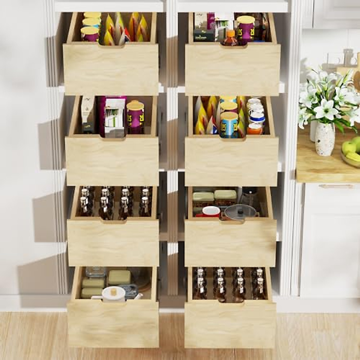 LOVMOR Hard Close Pull Out Cabinet Organizer 8” High Drawer 10½” W x 21”D Wood Slide Out Shelves Cabinet Storage Organizer with Full Extension Rail Slides Pull Out Drawer for Kitchens Cabinet Pantry