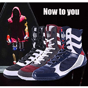 HUIGOU High Traction Men's Youth Women Sports Shoes Boxing Wrestling Combat Speed Squat Mens Weightlifting Fighting Non-Slip Training Competition Sanda Gym Boots, White Blue, 11