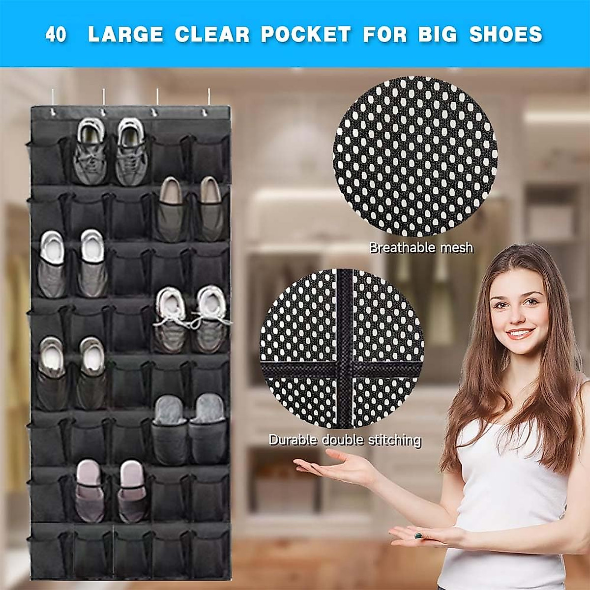 Door Shoe Organizer with 40 Large Clear Mesh Pockets, Sturdy Oxford Cloth Hanging Shoe Rack, for Entryway Bedroom Bathroom Pantry Shoe Storage