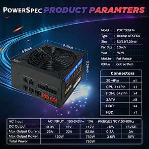 PowerSpec 750 Watt 80 Plus Gold Fully Modular ATX Power Supply Active PFC SLI Crossfire Ready Gaming PC PSU Computer Power Supplies, PS 750GFM