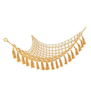 Stuffed Animal Storage Net, Macrame Toy Plush Toy Net Hammock Easy to Install Animals Corner Hanging Stuffed Animal Storage Holder Space Saving Tassel Toys Bedroom Storage Hammock (Autumn Yellow)