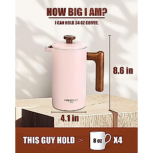 POLIVIAR French Press Coffee Maker, 34 Ounce Coffee Press with Real Wood Handle, Double Wall Insulation & Dual- Filter Screen, Food Grade Stainless Steel for Good Coffee and Tea JX2020-FPP