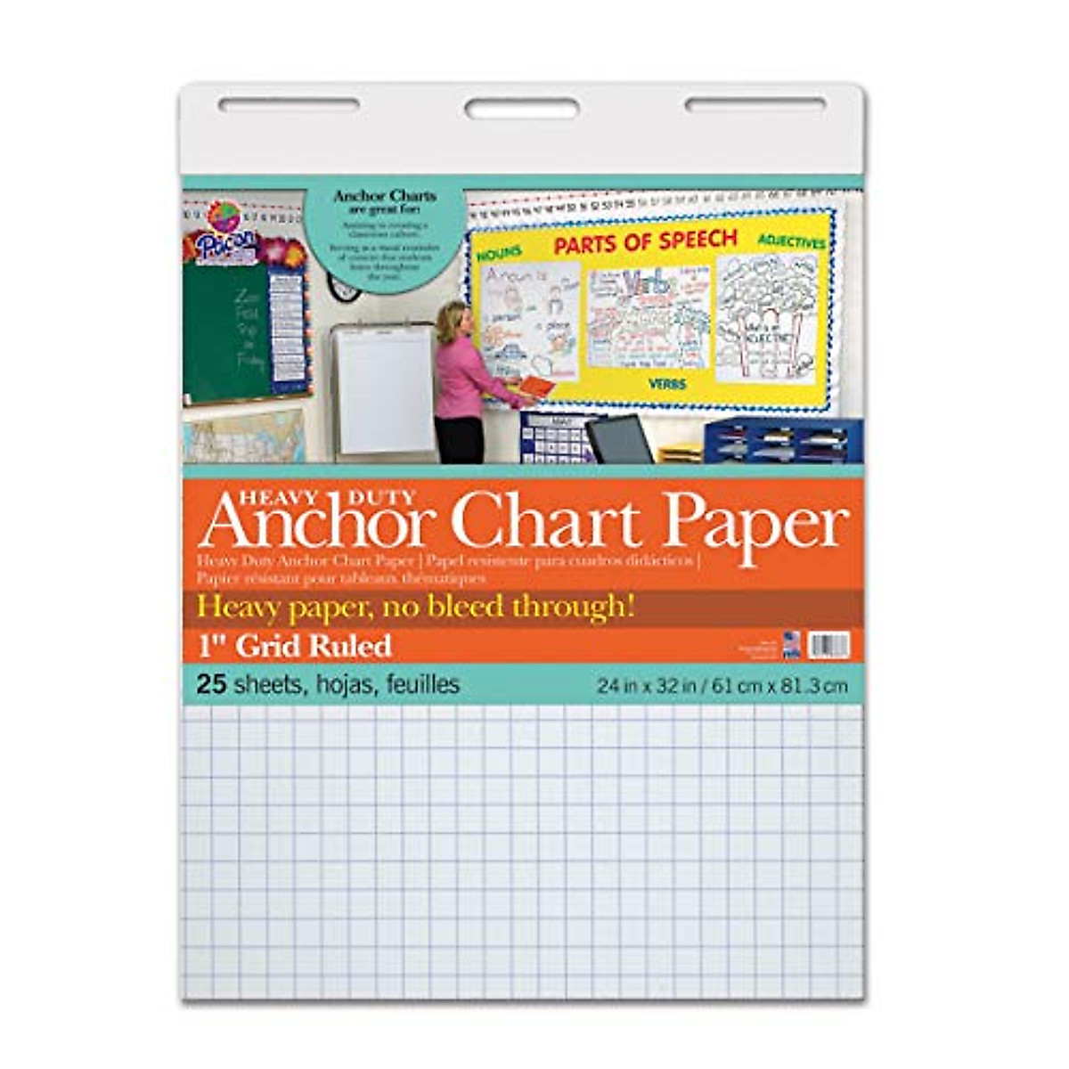 Pacon PAC3373 Heavy Duty Anchor Chart Paper, 1" Grid Ruled, 24" Width, 32" Length, 25 Sheets, White