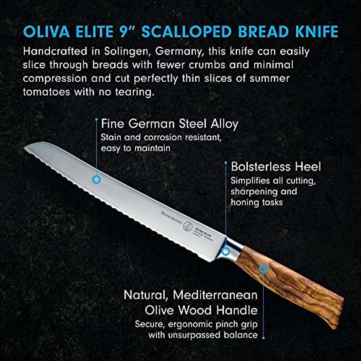 Messermeister Oliva Elite 9” Scalloped Bread Knife - Fine German Steel Alloy Blade & Natural Mediterranean Olive Wood Handle - Rust Resistant & Easy to Maintain