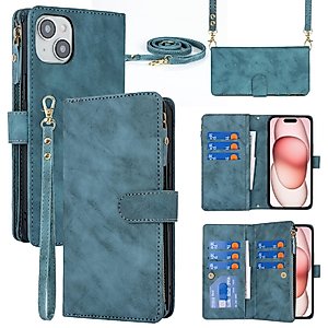 Jaorty Crossbody Phone Case for iPhone 15 with Strap,Shoulder Lanyard,for iPhone 15 Wallet Case for Women with Card Holder,Zipper Pocket Magnetic Flip Leather Protective Case,6.1" Blue