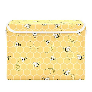 DOMIKING Yellow Bees Honey Large Storage Bin with Lid Collapsible Shelf Baskets Box with Handles Organizing Container for Nursery Drawer Shelves Cabinet
