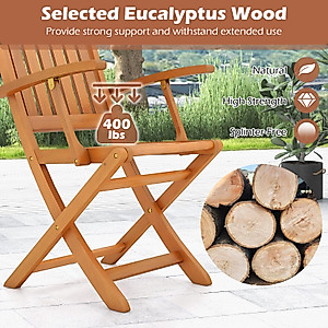 Tangkula Patio Wood Folding Chair Set of 2, Outdoor Eucalyptus Wood Dining Chairs w/Armrests & Slatted Seat, for Backyard, Porch, Poolside, Lawn, Garden, Load up to 400 LBS (1, Natural)
