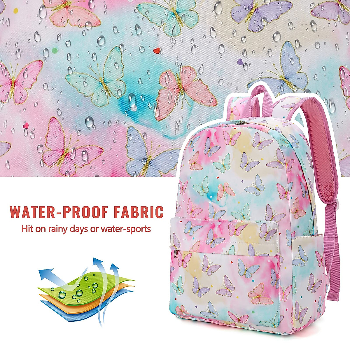 LEDAOU Backpack for Teen Girls School Bags Kids Bookbags Set School Backpack with Lunch Box and Pencil Case (Butterfly)