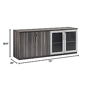 Safco Products Medina Modern Office Storage Wall Cabinet with Wood and Glass Doors, 72"W x 20"D x 29 1/2"H, Gray Steel