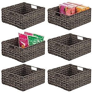 mDesign Woven Farmhouse Kitchen Pantry Food Storage Organizer Basket Box - Container Organization for Cabinets, Cupboards, Shelves, Countertops, Store Potatoes, Onions, Fruit, 6 Pack, Espresso Brown