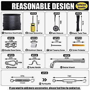NEREUS String Light Hanging Kit with 164 Ft Nylon Coated 304 Stainless Steel Wire Rope, String Light Suspension Kit, Guide Wire with Turnbuckles and Hooks for Patio, Backyard Lighting Accessories