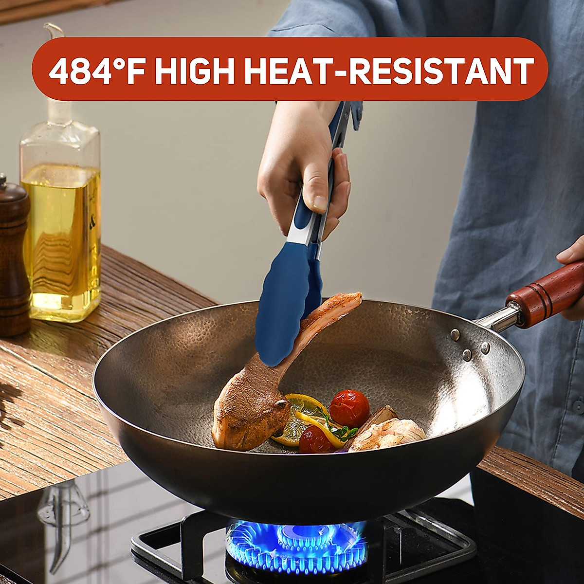 EEKEDO Kitchen Tongs, Stainless Steel Silicone Tongs for Cooking 600ºF High Heat-Resistant BBQ Grilling Locking Tongs, Set of 2-9" and 12" Classic Blue