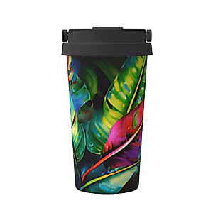 Insulated Coffee Mug Colorful Tropical Leaf 17oz Double Wall Vacuum Stainless Steel Tumbler With Leak-Proof Lid And Handle, Cute Travel Thermos Mug For Cold Hot Drinks