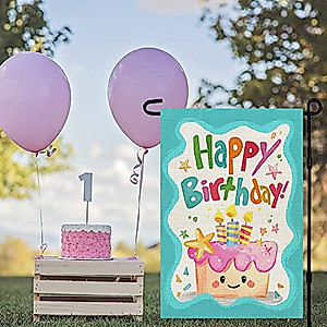 CROWNED BEAUTY Happy Birthday Garden Flag 12x18 Inch Double Sided Cake Blue Outside Welcome Party Decoration Gift Yard Flag