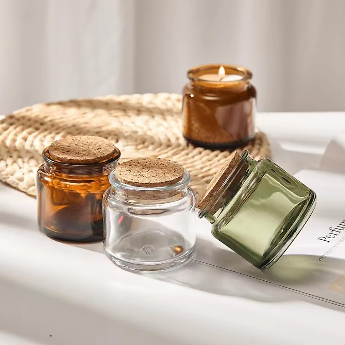 Danmu 24 Pack 100ml Small Glass Bottles,Mini Glass Jars,Candle Jars for Making Candles, 3.4oz Glass Bottles with Cork, Candle Jars (Green)