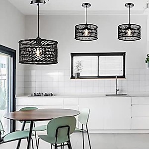 HOONEX Rattan Chandelier, Rattan Light Fixture Ceiling, 12.4" Wicker Pendant Light for Dining Room Bedroom Kitchen Island, Black