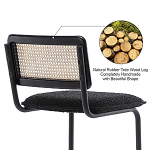 ONEVOG Boucle Rattan Bar Stools Set of 2, 29'' Bar Height Stools with Natural Cane Back, Solid Wood Frame Bar Chairs with Chrome Legs, Cantilevered Design Upholstered Stools, Black