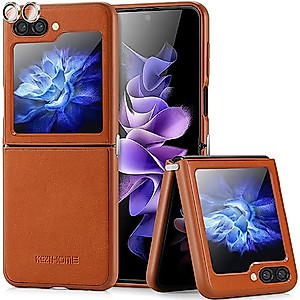 KEZiHOME Samsung Galaxy Z Flip 5 Case，Genuine Leather Samsung Z Flip 5 Case with Camera Lens Cover，Durable Slim Thin Full-Body Protective Phone Case Compatible with Galaxy Z Flip 5 5G (Khaki)