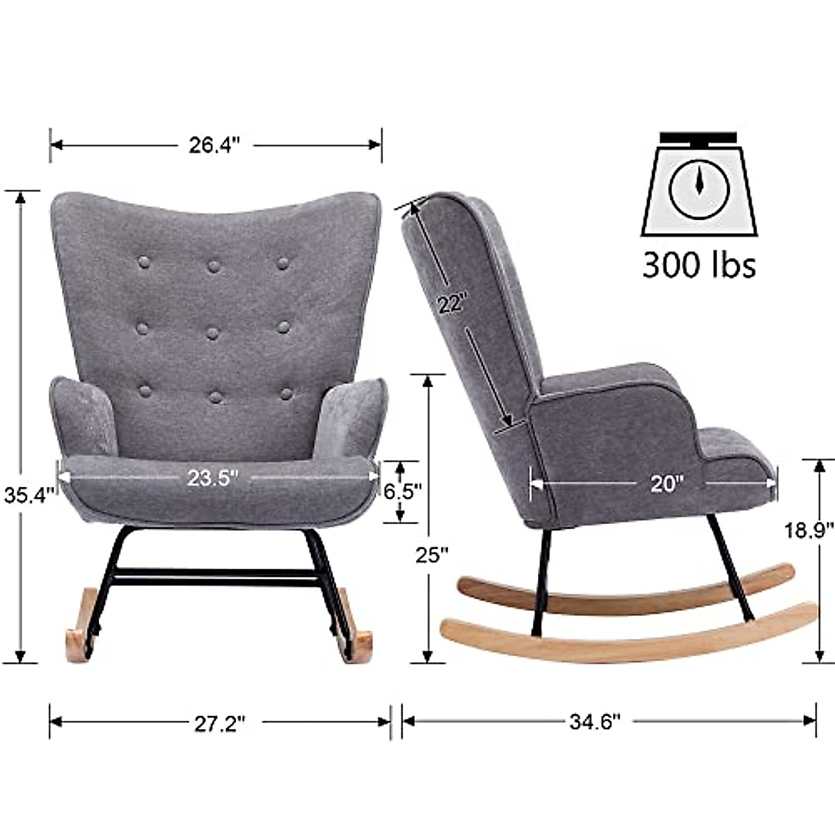 VESCASA Linen Rocking Chair with Tufted Wingback，23.5" Wide Midcentury Modern Indoor Glider Rocker with Arms for Nursery/Reading/Living Room/Bedroom, Grey