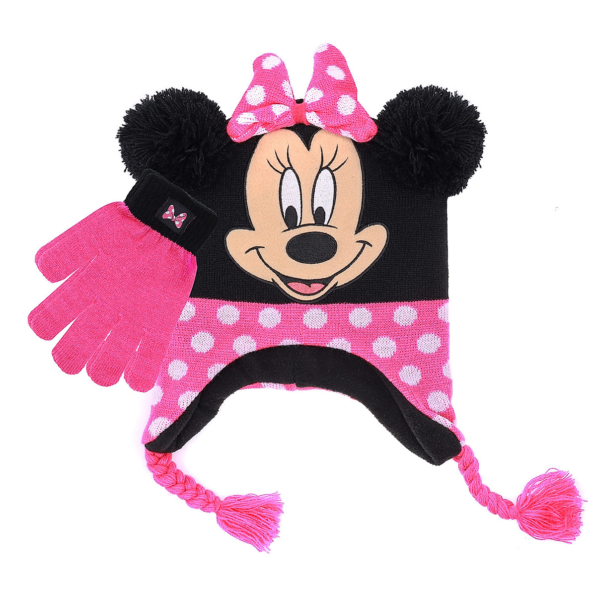 Disney Minnie Mouse Kid’s Winter Hat and Snow Gloves for Girls and Toddlers, 2 Pc. Set, Warm Fleece Lined Beanie with Bow