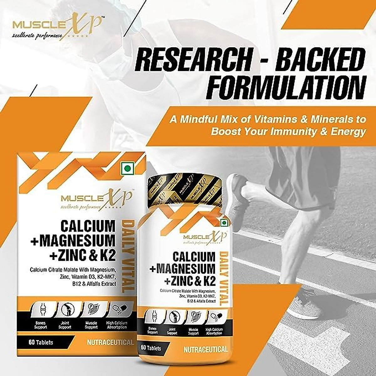 Calcium + Magnesium + Zinc & K2 - MK7 Daily Vital with Alfalfa Extract, Vitamin B12 and D3, 60 Tablets