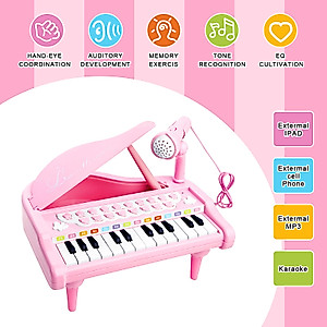 Love&Mini Pink Piano Toys for 1+Years Old Girls First Birthday Gifts Toddler Piano Music Toy Instruments with 24 Keys and Microphone