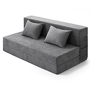 HOMFINE Folding Sofa Bed - Convertible Sleeper Chair with Pillow, Fold Out Couch, Foam Floor Mattress, Futon Couch, Lazy Sofa for Living Room/Dorm/Guest Room/Home Office, Queen, Grey