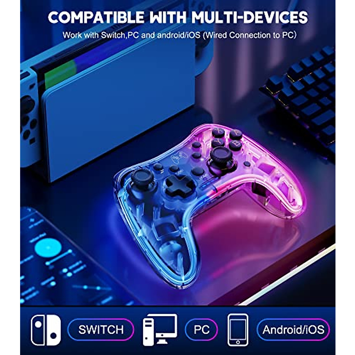 Switch Controller Compatible with Switch/Lite/OLED Controller, Switch Pro Controller With RGB Breathing LED, Switch Controllers Remote Supports Multi-Platform&App with Turbo, Wake-up Function