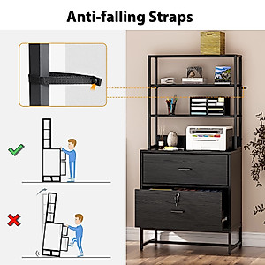 Jehiatek File Cabinets for Home Office with Lock 2 Drawer, Office Organization and Storage, Large Vertical Filing Cabinet with Bookshelf, Sturdy, Durable, Easy to Assemble and Clean (Black)
