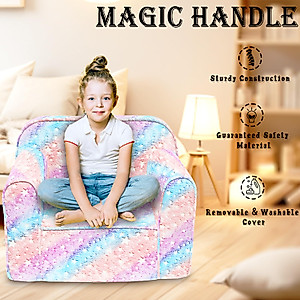 magic handle Kids Chair, Toddler Armchair with Foam, Glow in The Dark Kids Foam Sofa with Plush Removable Washable Cover Carrying Handle (Rainbow Pink)