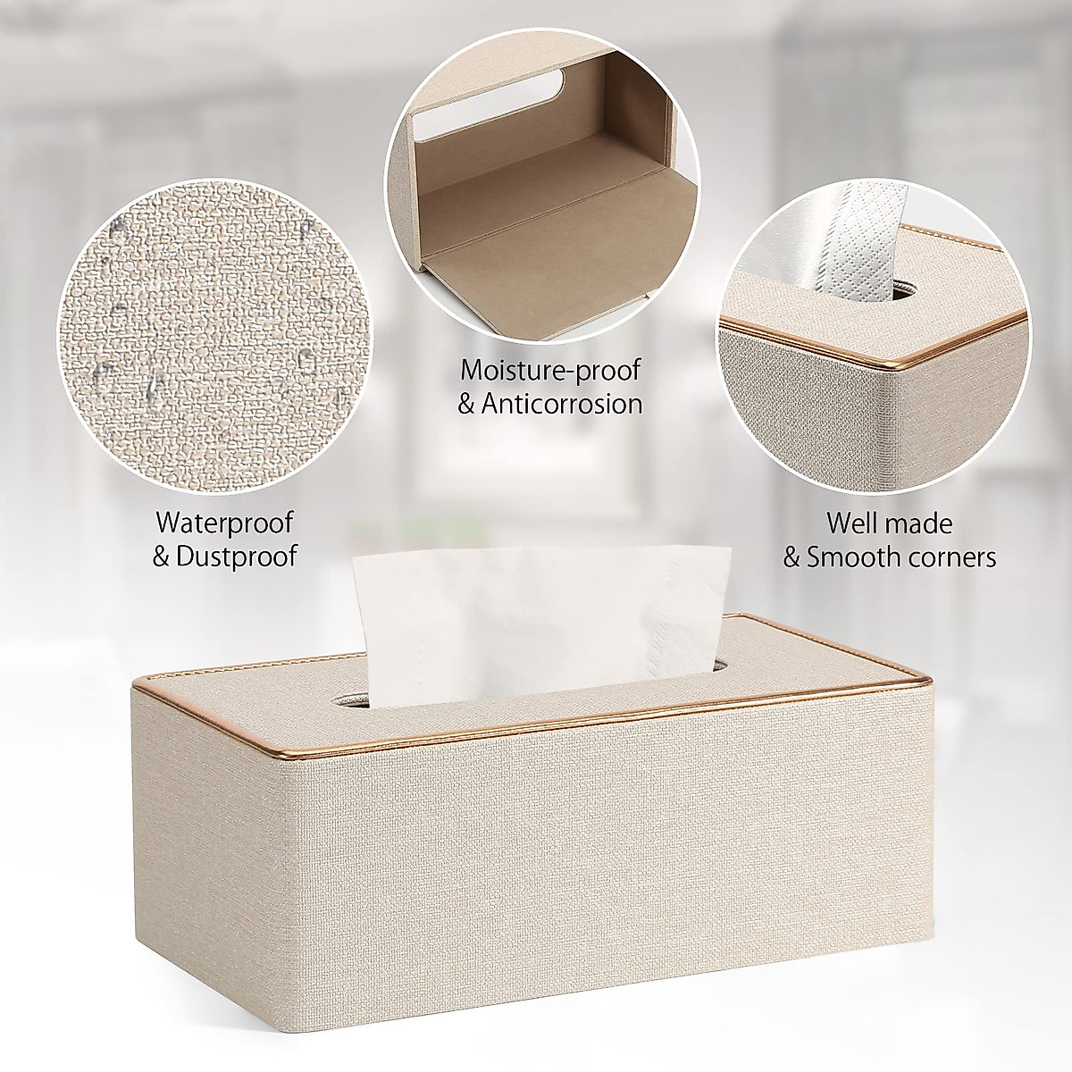 PU Leather Tissue Box Cover Holder - Rectangular Kleenex Box Covers for Home/Office/Car Decoration - 9.84"X5.23"X3.77" - Beige