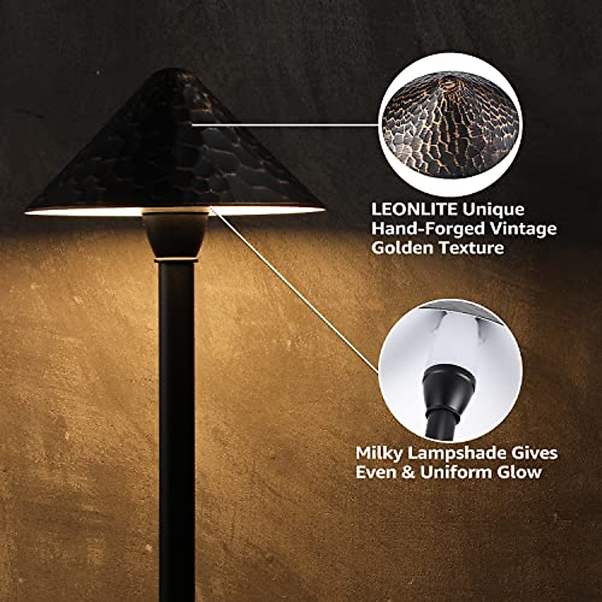 LEONLITE LED Landscape Path Light, 3W 147LM 12-24V AC/DC ETL CRI90+ Wired Outdoor LED Walkway Light, Unique Vintage Golden Texture, Aluminum Construction Low Voltage Pathway Lights IP65 3000K, 4 Pack