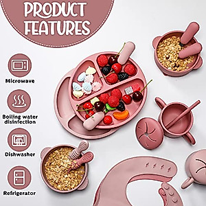 16 Pcs Baby Led Weaning Supplies Silicone Baby Feeding Set Baby Plates with Suction Baby Utensils with Divided Adjustable Bib Bowl Cutlery Snack Cup Spoons Straw 6 Months+ (Dark Pink, Dusty Pink)