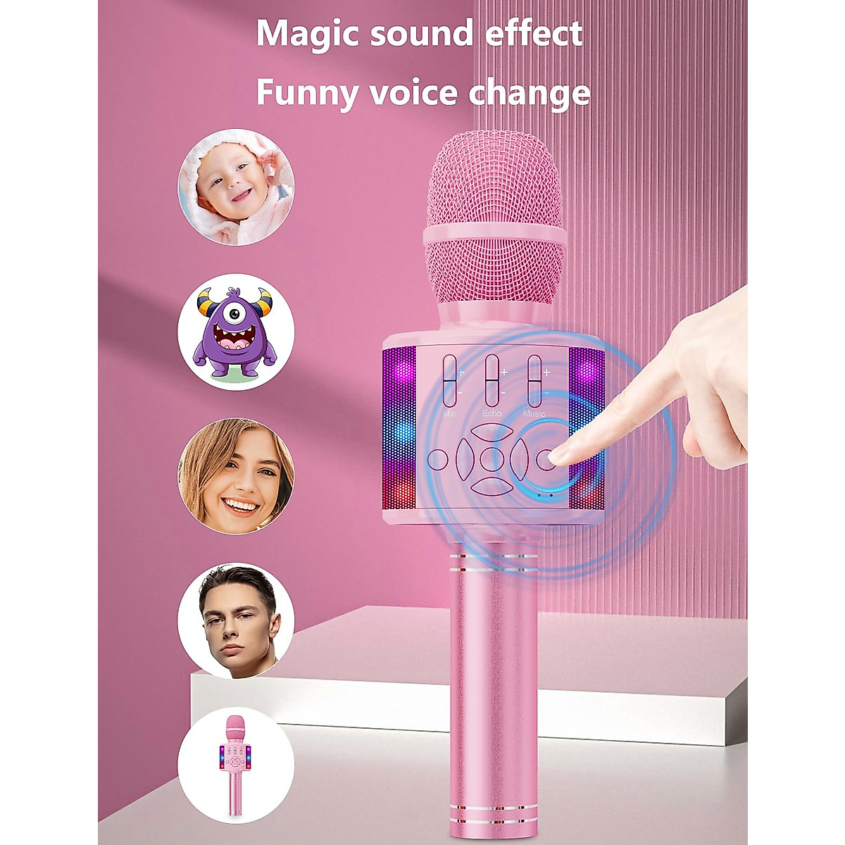 Ankuka Karaoke Microphone for Kids, Portable 4 in 1 Bluetooth Karaoke Microphone with LED Lights, Christmas Home, Birthday Party Toys Gifts for Girls, Boys and Adults(Pinkcolor)