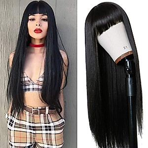 TIMANZO Long Straight Remy Hair Wigs Natural Black Heat Resistant Fiber Hair Full Machine Wig with Bangs Cosplay Party Wig For Fashion Women(24 Inches Natural Black Hair)