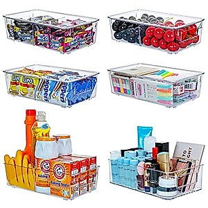 ESARORA Plastic Storage Bin with Lid and Divider, Clear Shallow Pantry Organizer with Handle for Fridge, Cabinet, Kitchen, Bedroom, Closet, Bathroom, Office, Pantry Organization, 6 Pack 10.28 inch