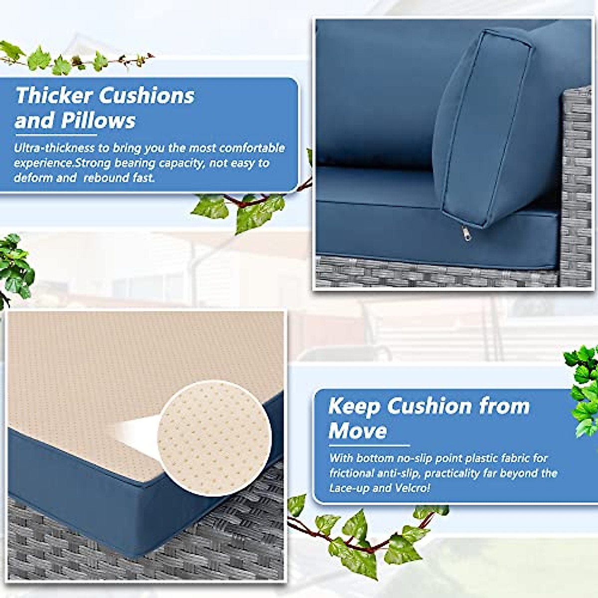 Shintenchi 7 Pieces Outdoor Patio Sectional Sofa Couch, Silver Gray PE Wicker Furniture Conversation Sets with Washable Cushions & Glass Coffee Table for Garden, Poolside, Backyard (Aegean Blue)