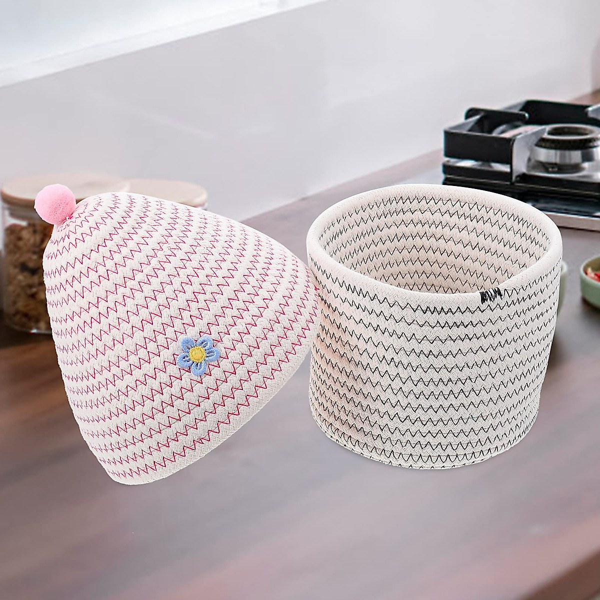 HANABASS Cotton Rope Storage Basket with Lid Small Woven Baskets Cute Toy Storage Basket Mini Storage Bins for Living Room Nursery Bathroom Desk Red