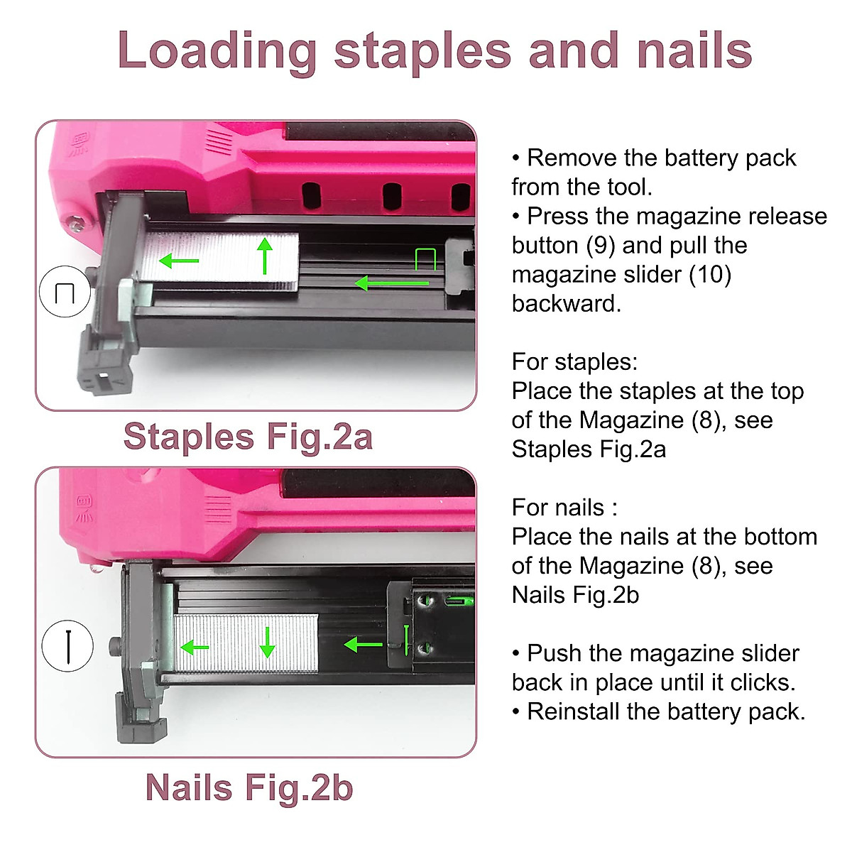 BHTOP 20V Cordless Brad Nailer＆Stapler, 18 Gauge 2 in 1 Stapler Kit, Heavy Finish Nail Gun with 2.0A Rechargeable Battery, Charger, 2500 Brad Nails and 500 Staples in Pink