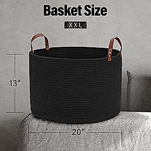 Cotton Rope Basket XXL Blanket Basket for Blankets Large Woven Storage Basket Round Rope Basket Black Toy Basket Woven Laundry Basket with Real Leather Handle, 20''X20''X13''
