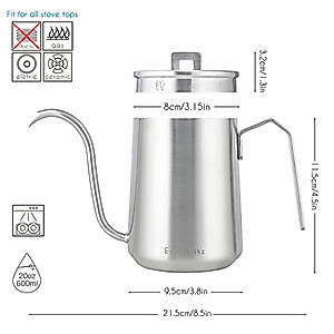 Easyworkz Gooseneck Pour Over Coffee Kettle 20 oz Stainless Steel Hand Drip Coffee Pot With Long Narrow Spout, Brushed Silver