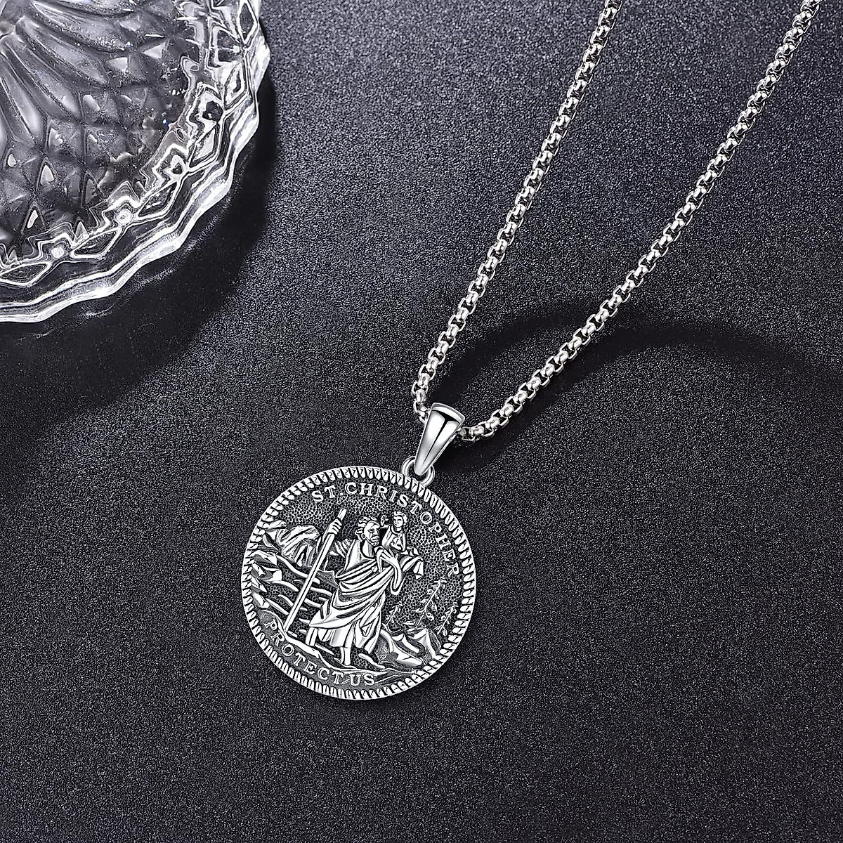 Aniu St Christopher Necklace for Men Saint Christopher Necklace for Men St Christopher Medal Medallion Pendant Necklace Sterling Silver Protect Talisman Necklace Tavel Jewelry