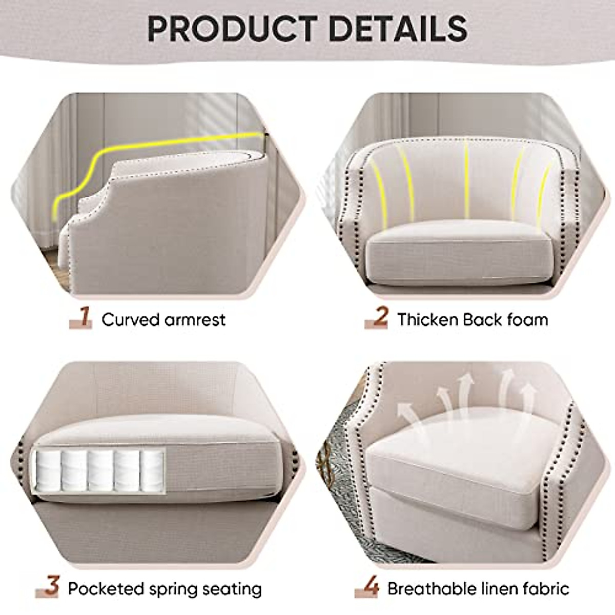 Swivel Glider Nursery Chair Rocker- Comfy Rocking Chair for Baby Nursery Mid Century Modern Accent Barrel Chairs for Living Room Curved Arm Chair with Nailhead Round Club Chair for Bedroom Beige